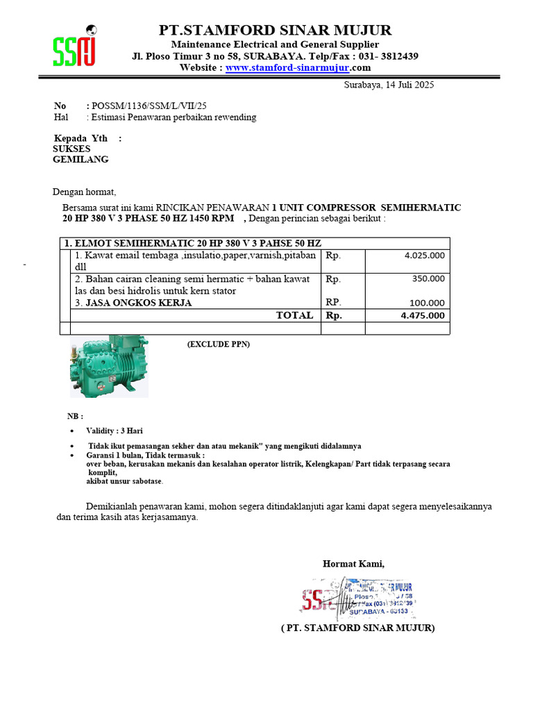 Estimasi Penawaran Sukses Gemilang Elmot Compressor Semihermatic 20 HP ...