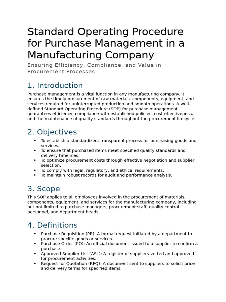 Standard Operating Procedure For Purchase Management in A Manufacturing Company | PDF ...