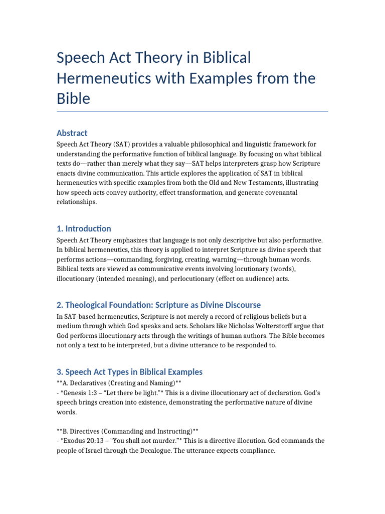 Speech Act Theory Biblical Hermeneutics With Examples | PDF | Bible ...