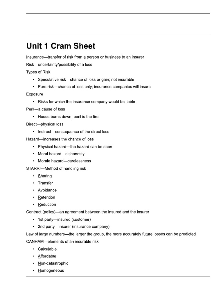 PC Unit 1 Cram Sheet | PDF | Insurance | Reinsurance