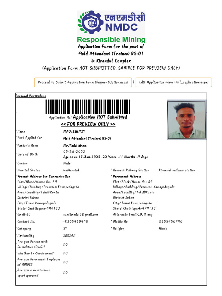 NMDC Field Attendant Trainee Application Form | PDF