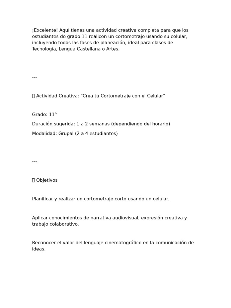 Cortometraje Escolar: Guía Creativa 11° | PDF