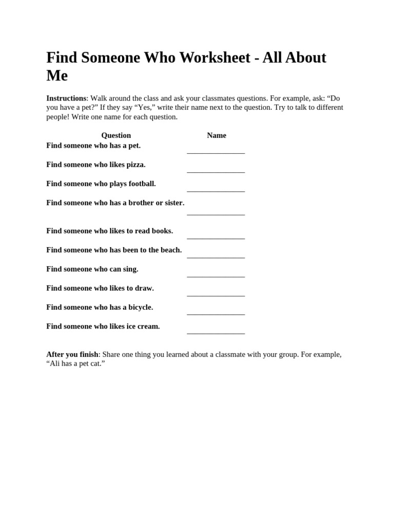 Find Someone Who Worksheet | PDF