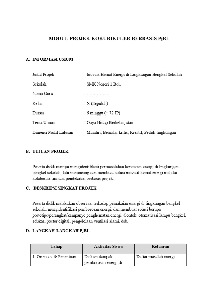 CONTOH Modul Projek Kokurikuler PJBL SMK - Hemat Energi (Final) | PDF