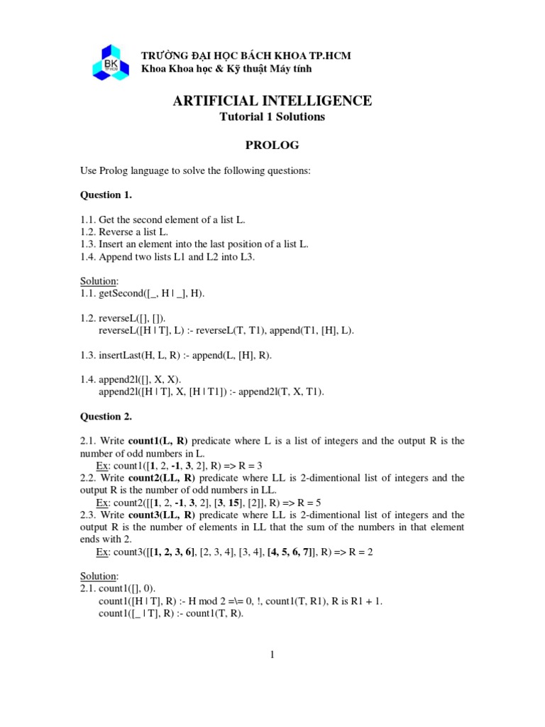 Artificial Intelligence: Tutorial 1 Solutions Prolog | PDF | Mathematical Concepts | Teaching ...
