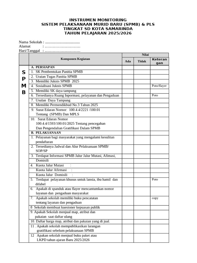 Instrumen Monitoring PPDB & PLS SD 2025 | PDF