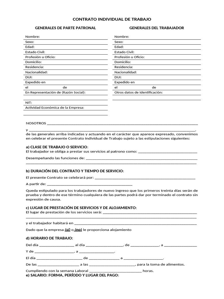 Contrato Individual de Trabajo PDF | PDF | Derecho laboral | Personal