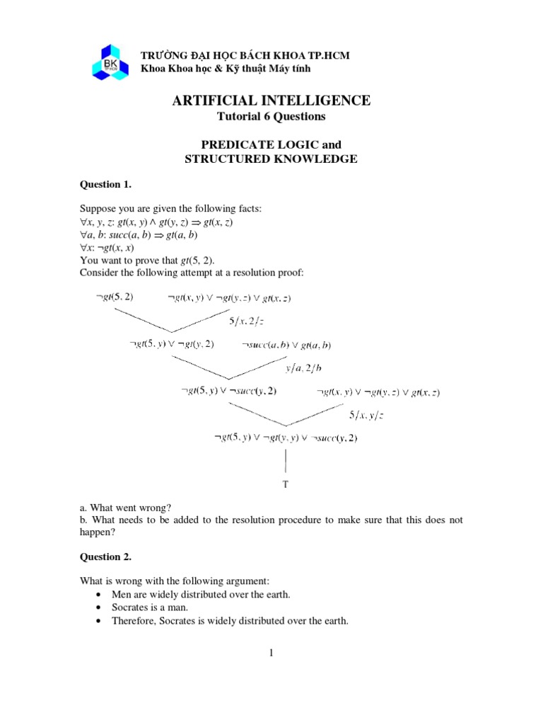 Artificial Intelligence: Tutorial 6 Questions Predicate Logic and ...