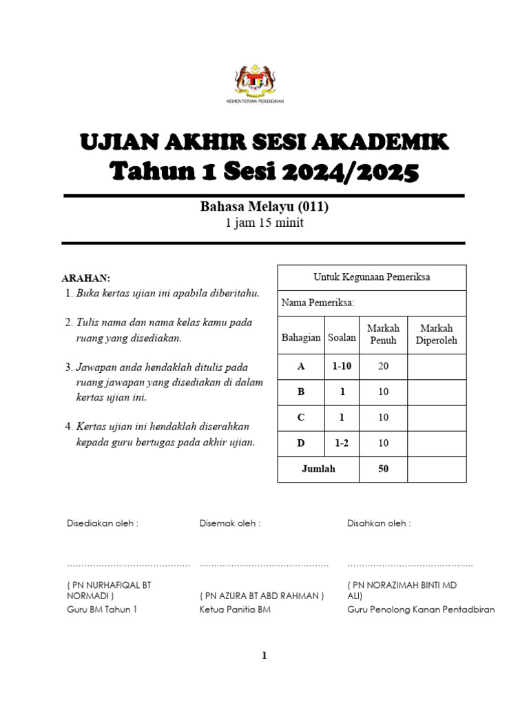 Soalan Uasa BM Tahun 1 Sesi 2024 2025 | PDF