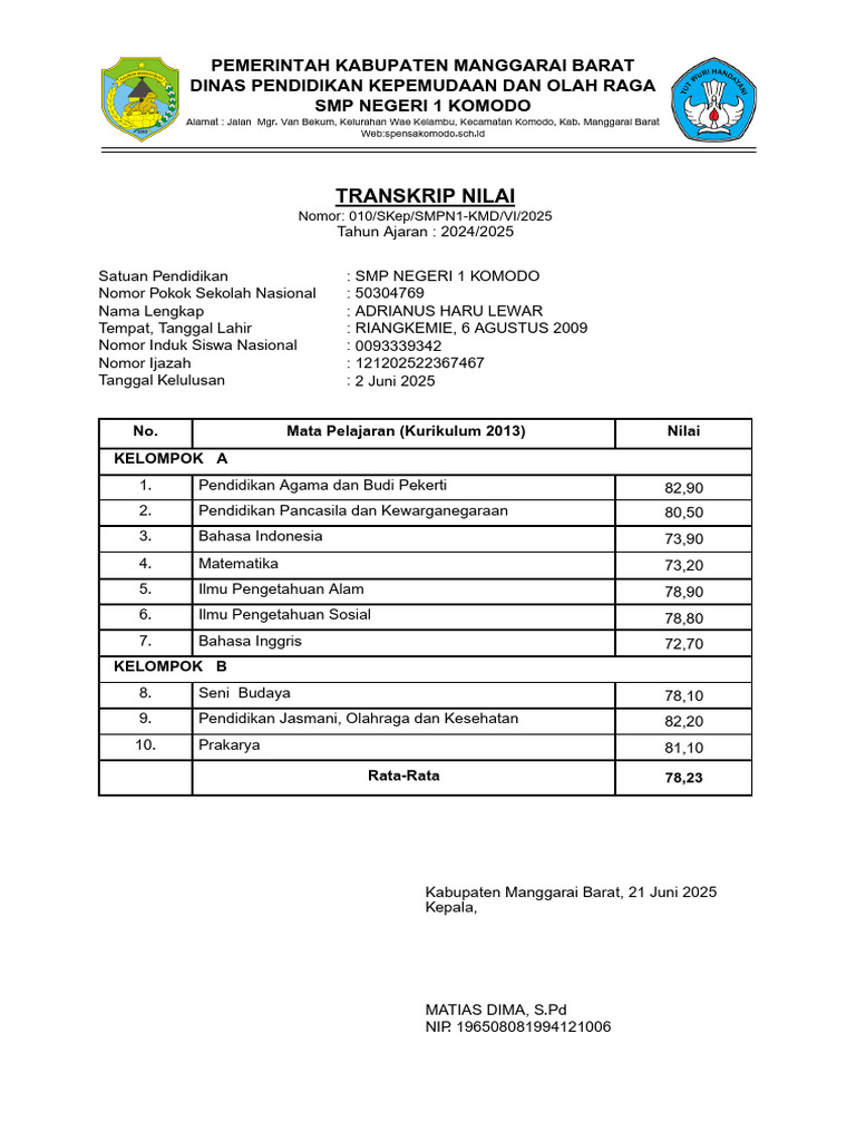 Transkrip Nilai 20242025 A-E A4 | PDF