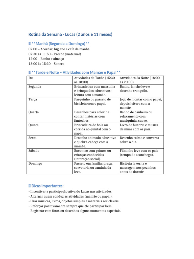 Rotina_Semanal_Lucas | PDF