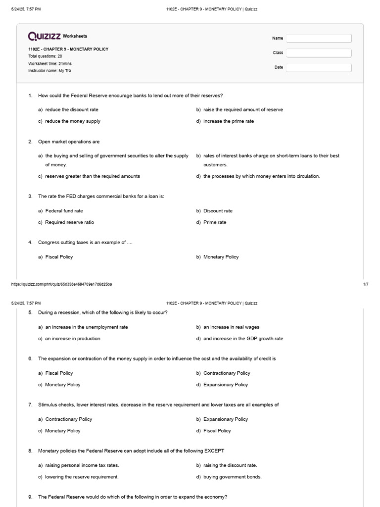 1102e - Chapter 9 - Monetary Policy - Quizizz | PDF | Interest Rates ...