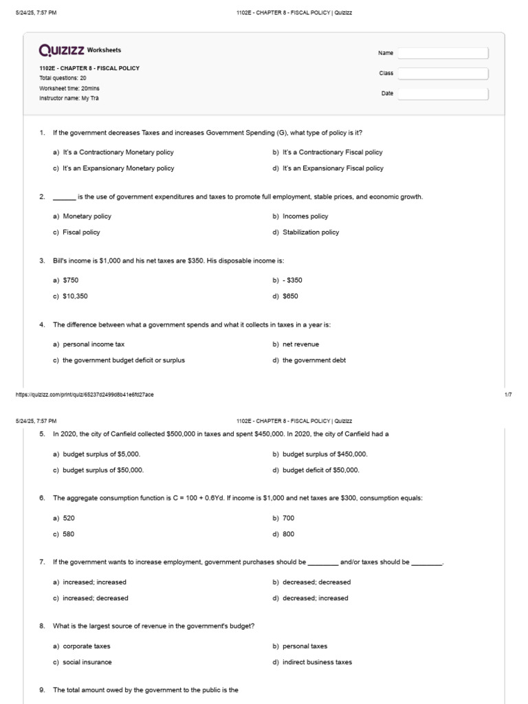 1102e - Chapter 8 - Fiscal Policy - Quizizz | PDF | Fiscal Policy ...