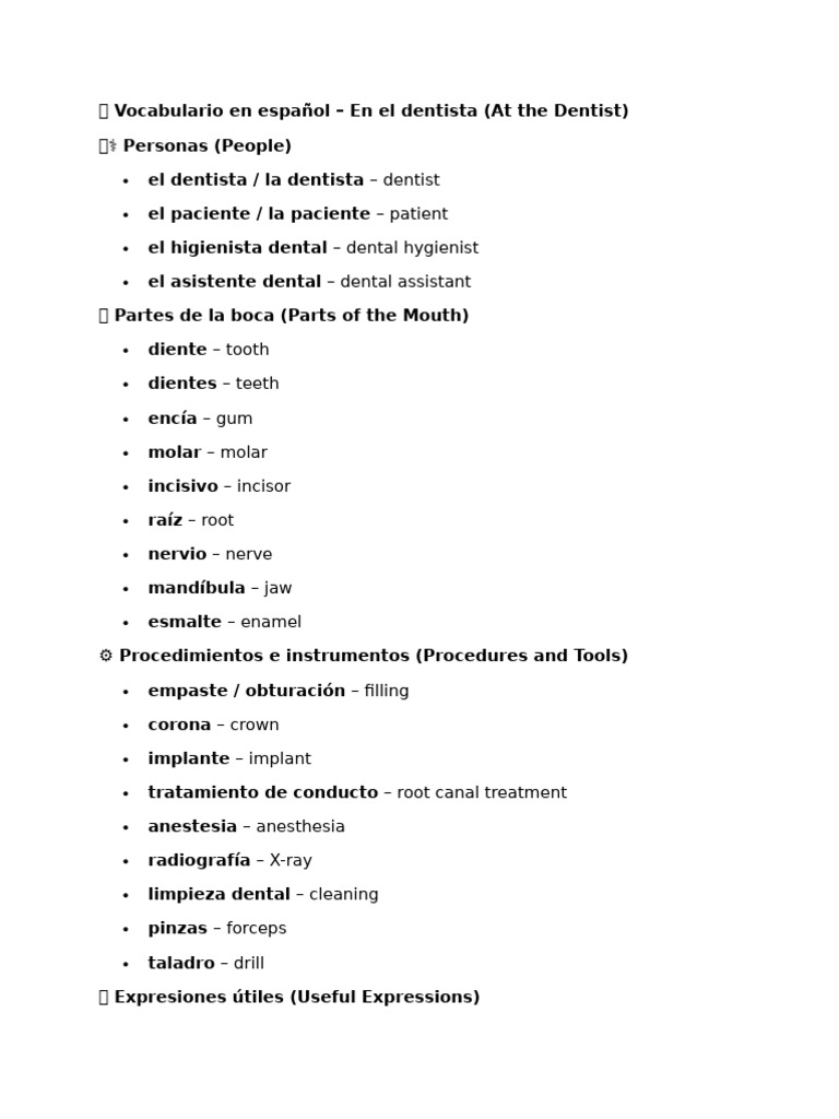 Spanish Vocabulary. at The Dentist's Office. | PDF | Odontología | Boca