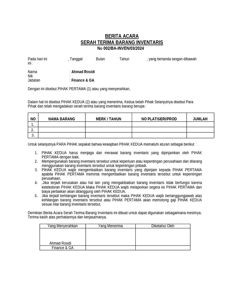 1 Form Berita Acara Serah Inventaris | PDF