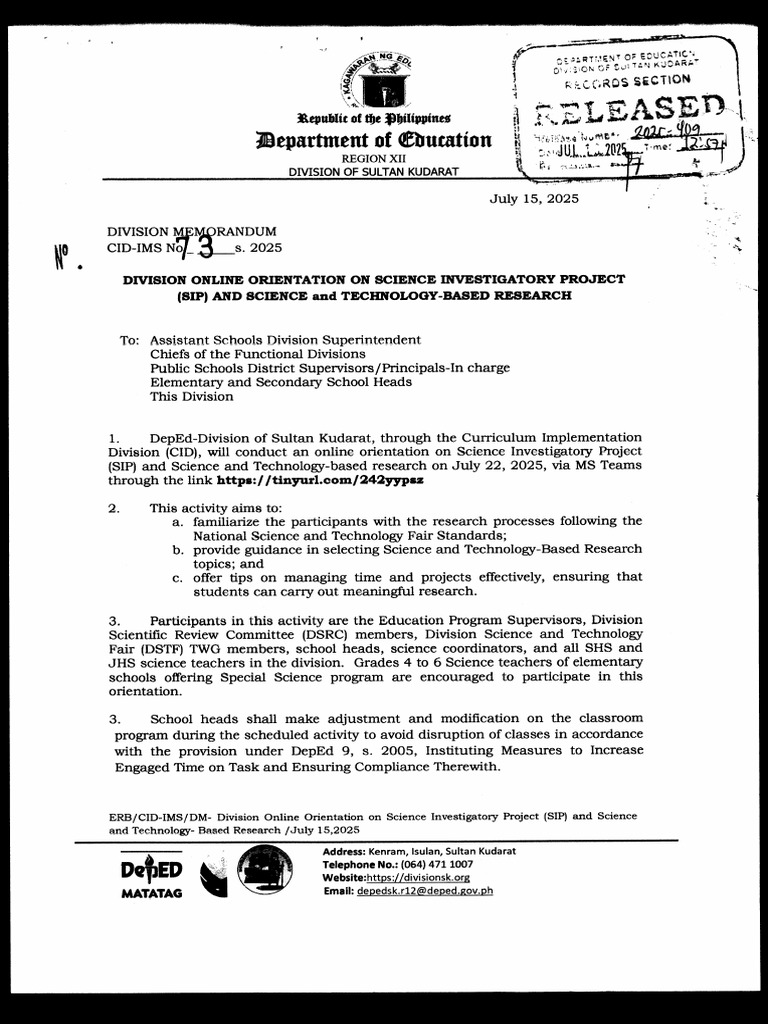 Division Memorandum Cid-Ims No. 73, S. 2025 | PDF