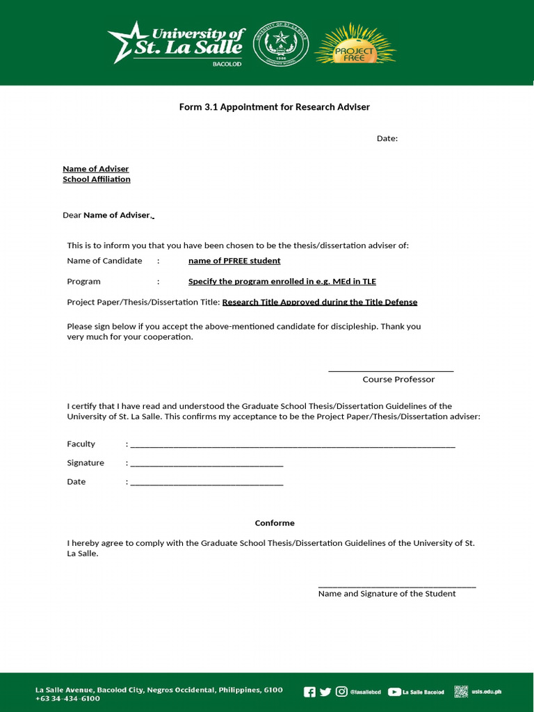 Form 3.1 Appointment For Research Adviser With PFREE Logo | PDF