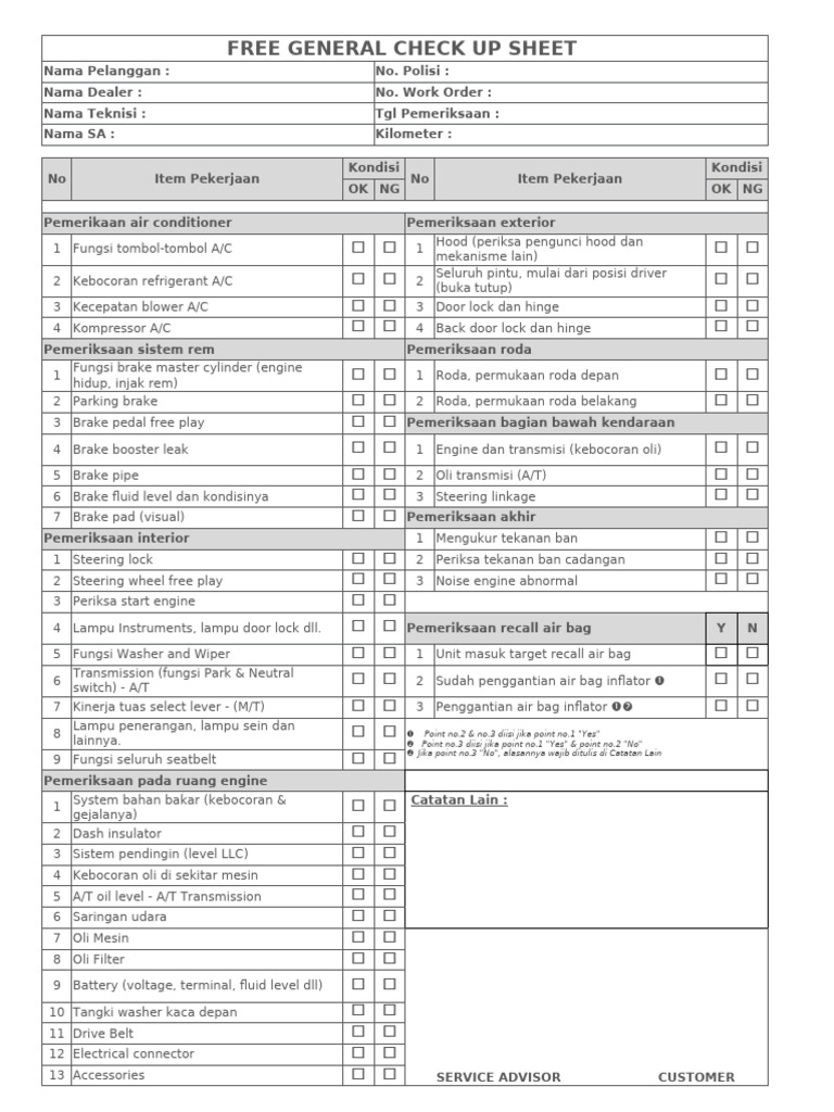 Lembar Cek Umum Gratis Kendaraan | PDF