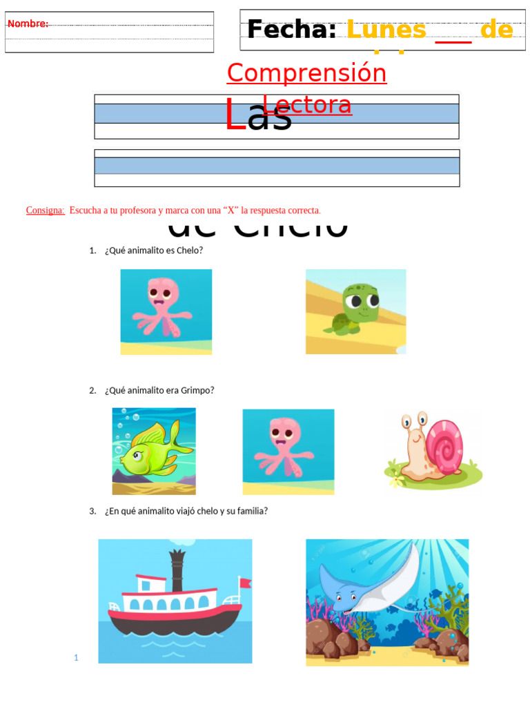 Hoja de Aplicación - Comprensión Lectora - Las Vacaciones de Chelo | PDF