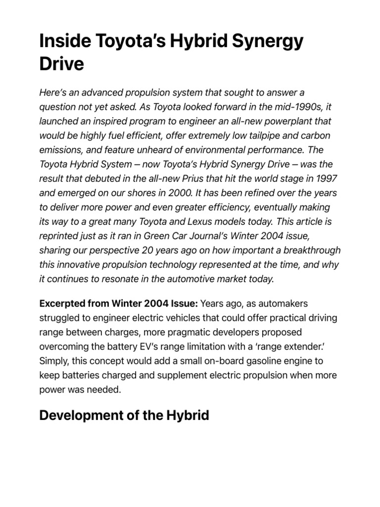 Inside Toyota's Hybrid Synergy Drive - Green Car Journal | PDF | Hybrid ...