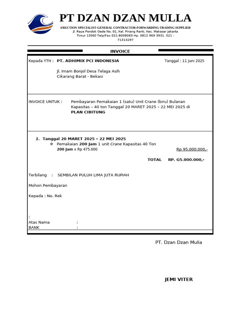 Invoice Crane 40 Ton PT Adhimix | PDF