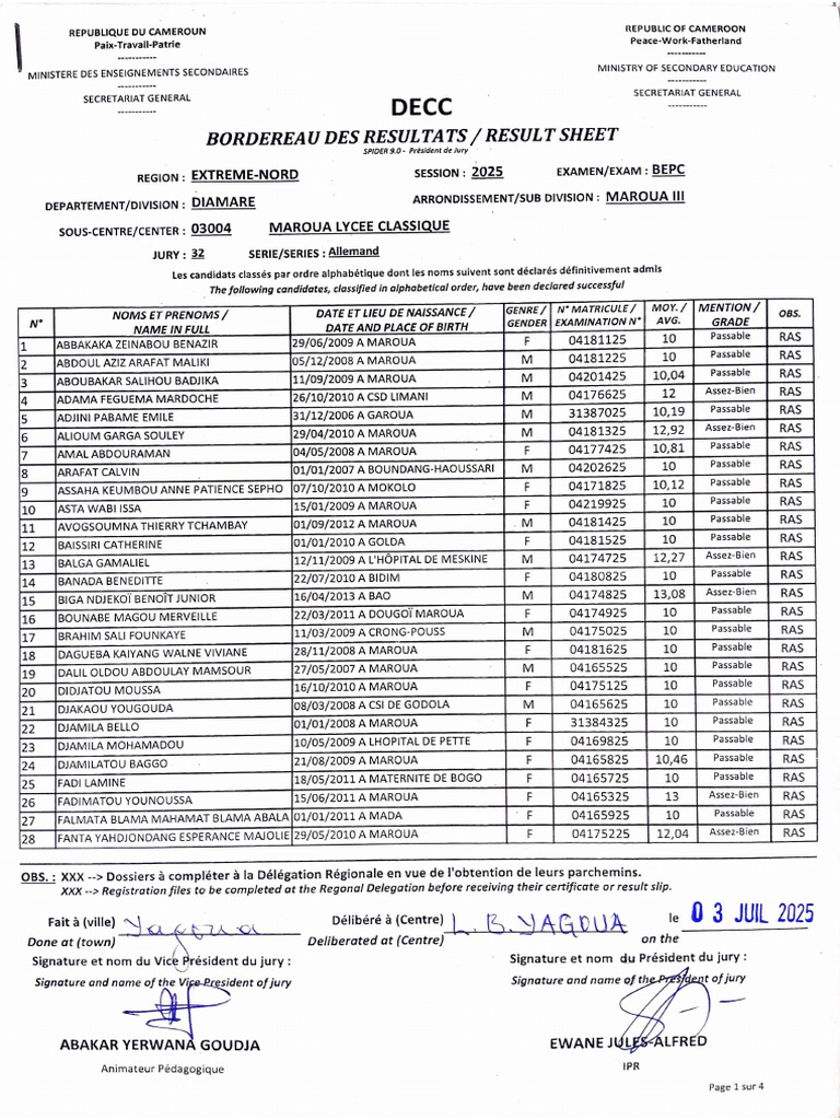 Bepc 2025 Dia Maroua Lycée Classique | PDF