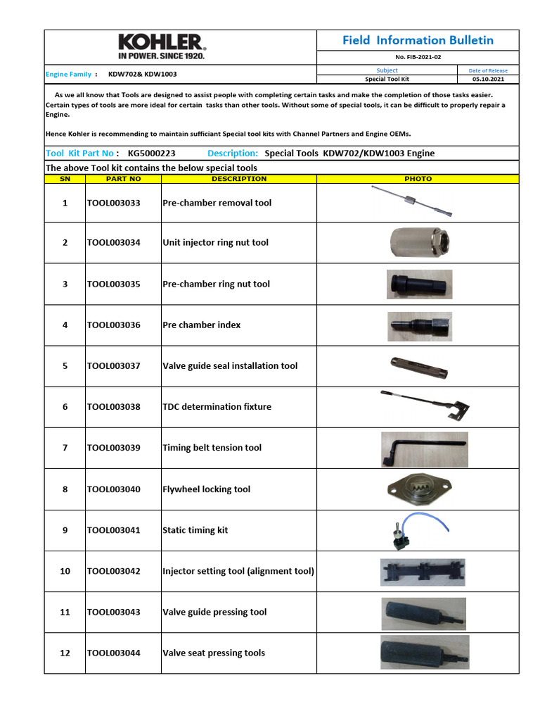 KDW702-KDW1003 Engine Special Tools - FIB | PDF
