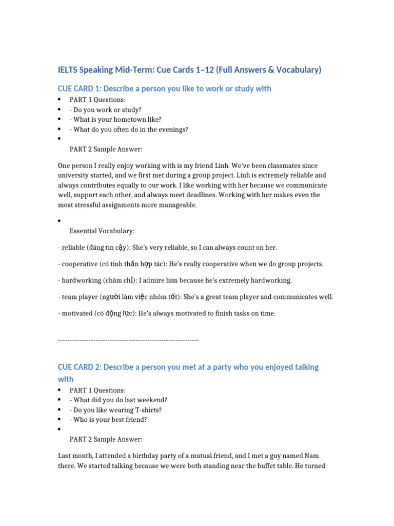 IELTS Speaking CueCards Full 1-12 | PDF