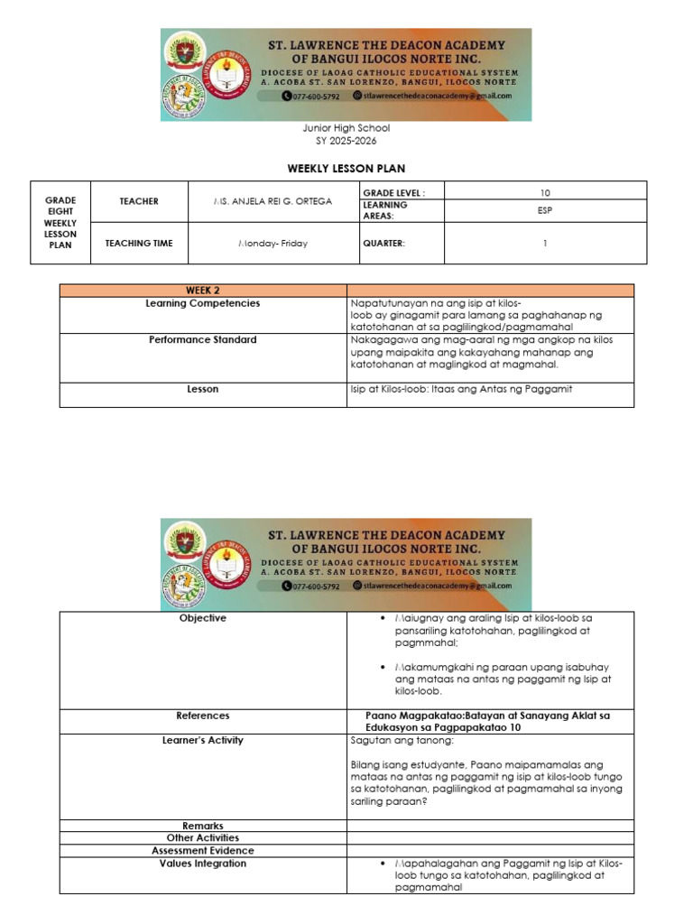Weekly Lesson Plan: Week 2 Learning Competencies | PDF