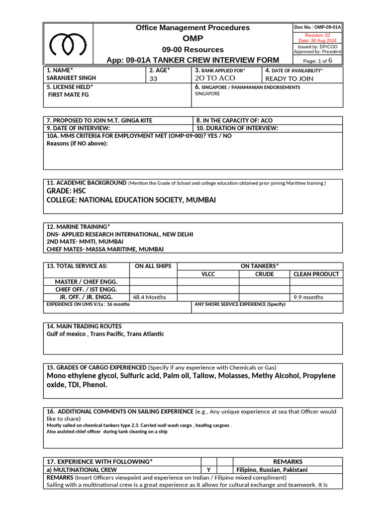 OMP-09-01A Tanker Crew Interview Form NEW Saranjeet | PDF | Oil Tanker ...