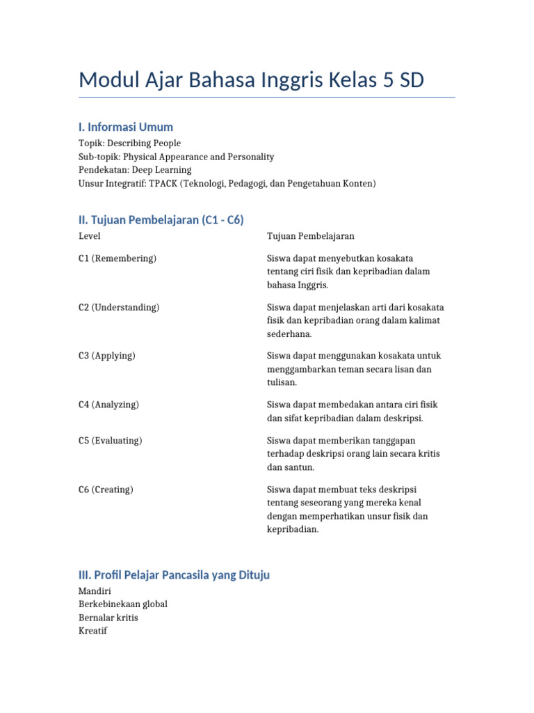 Modul Ajar Bahasa Inggris Kelas 5 Deep Learning | PDF