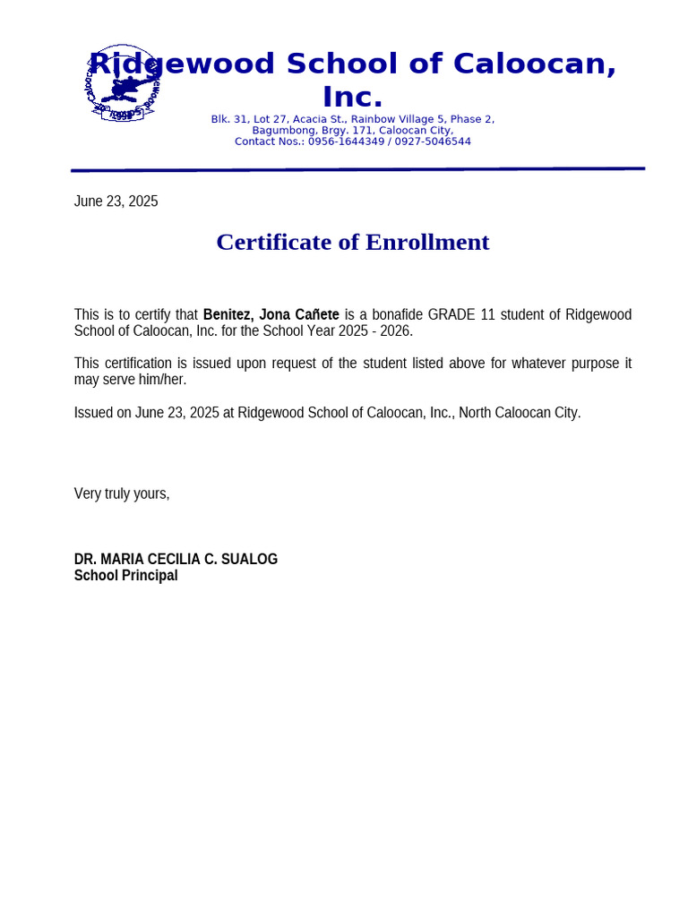 Ridgewood School Enrollment Certificates | PDF