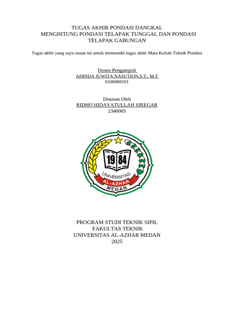 Tugas Akhir Semester 4 Pondasi Dangkal | PDF