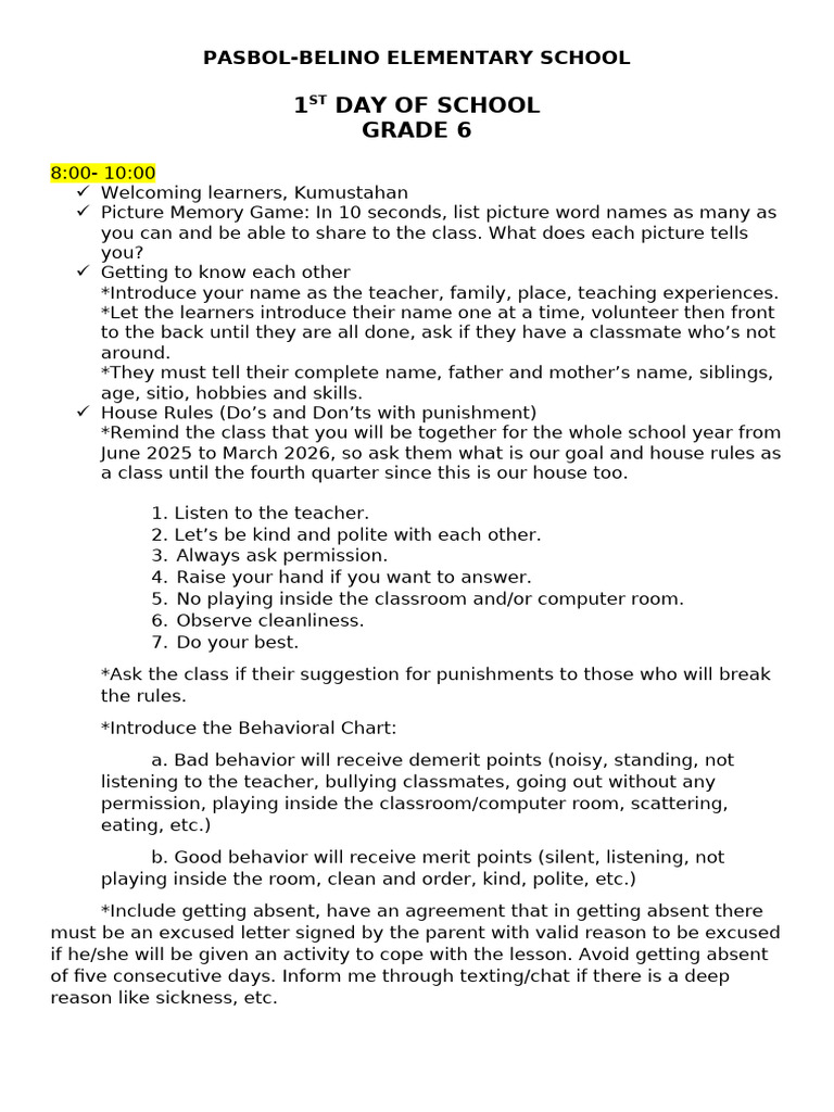 1st Day of School Orientation | PDF