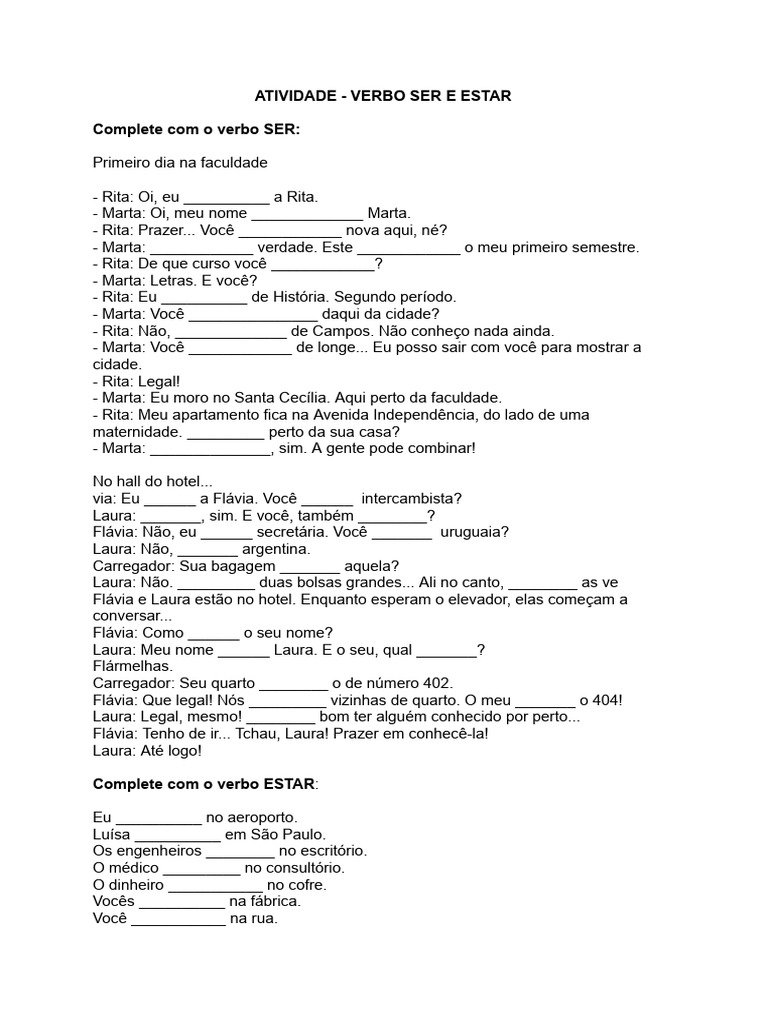 Atividade - Verbo Ser, Estar, Ter | PDF
