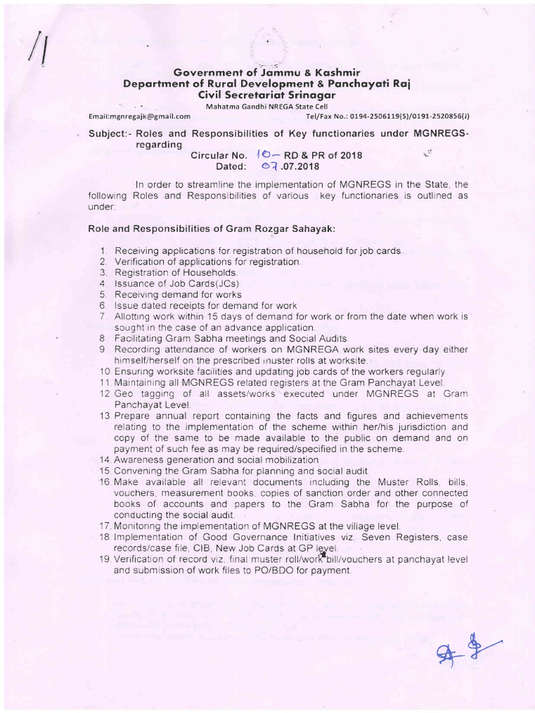 Roles and Responsibilities of Key Functionaries Under MGNREGA - pdf-1 | PDF | Employment | Business