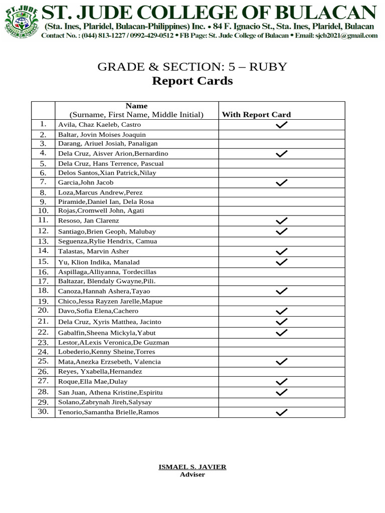GRADE 5 RUBY List of Students With and Without Report Card | PDF