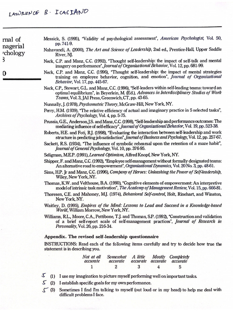 Self-Leadership Questionnaire | PDF