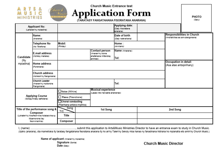 Application Form Entrance Test CHURCH MUSIC To | PDF