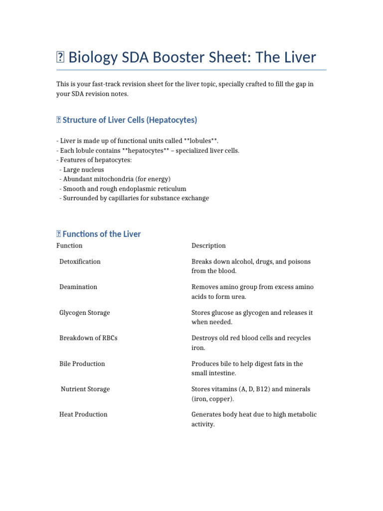 Liver Biology SDA Booster Sheet | PDF