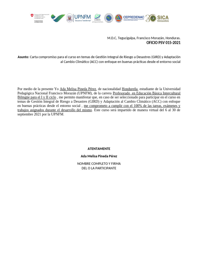 Carta Compromiso para El Curso en Temas GIRD ACC UPNFM SHACES SELLO VERDE 2021 | PDF