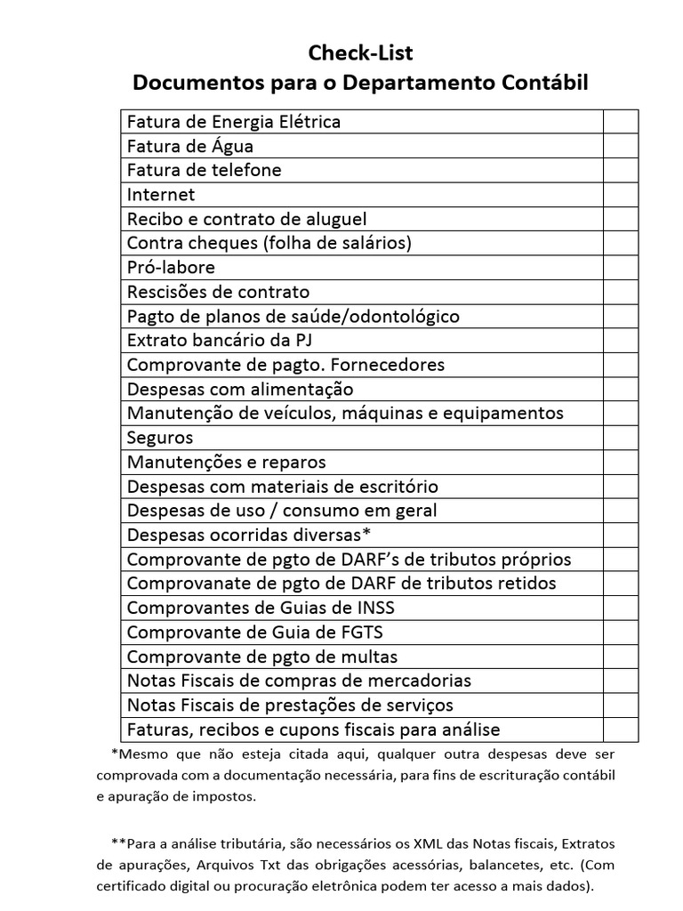 Check List de Documentos Contabeis | PDF