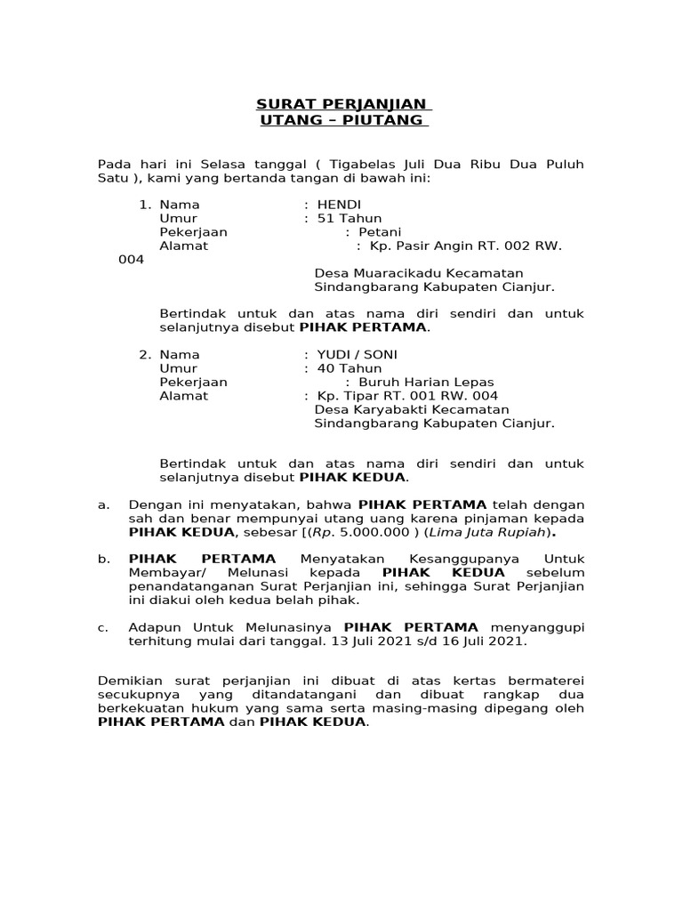 Contoh Surat Perjanjian Utang Piutang FH UII | PDF
