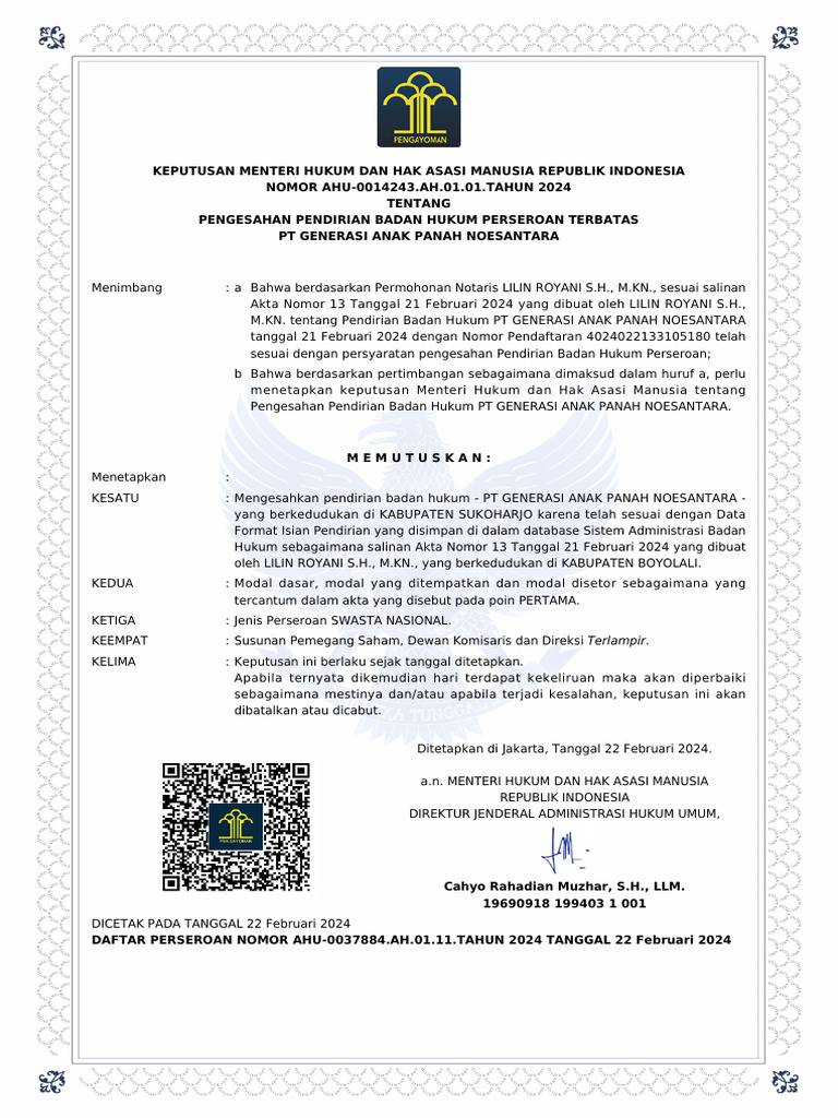 Sk Ahu Pt Generasi Anak Panah Noesantara | PDF