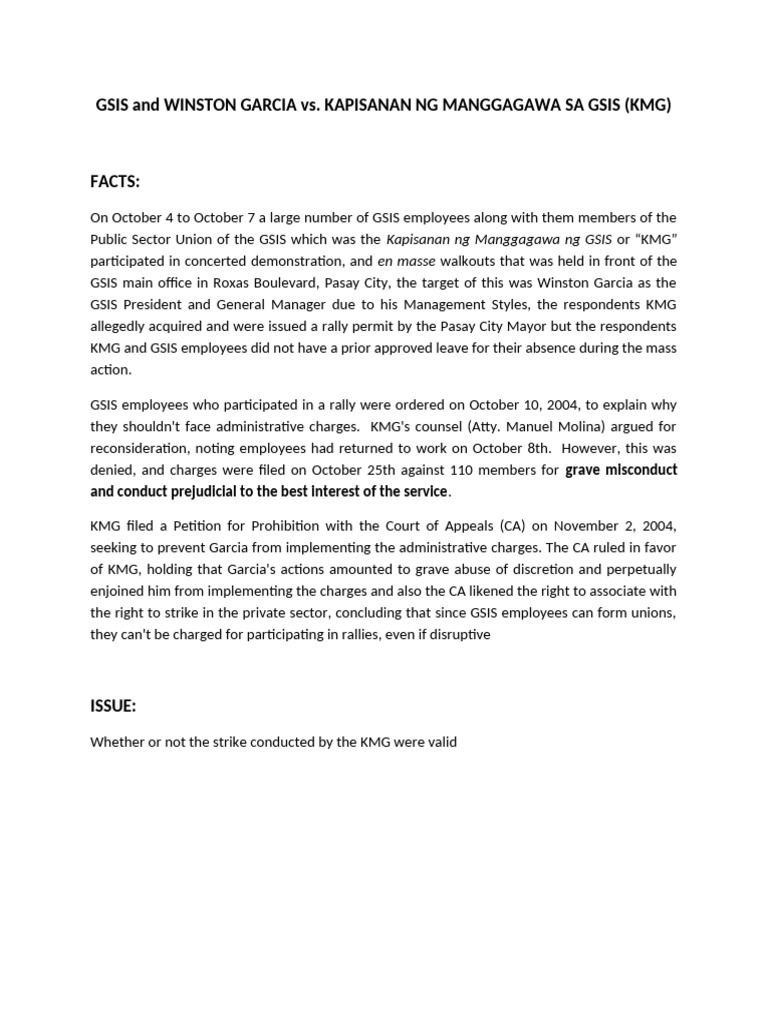 GSIS vs. KMG: Ruling on Employee Strikes | PDF | Strike Action | Justice