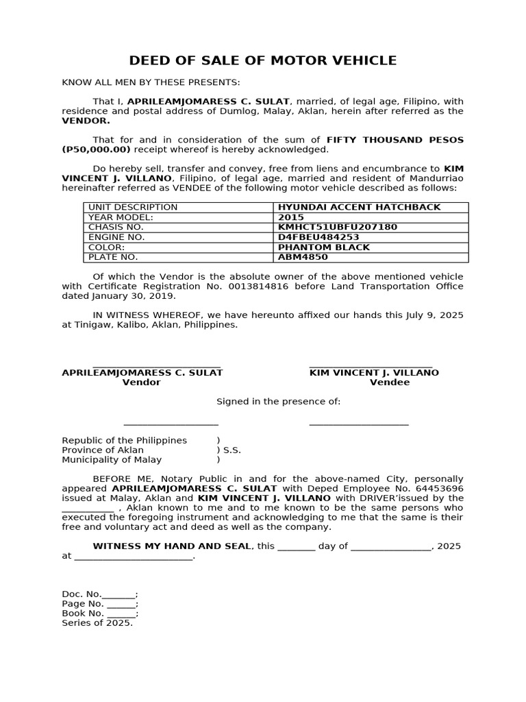 Deed of Sale of Motor Vehicle - Herwel | PDF