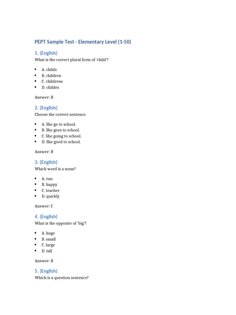 PEPT Elementary Sample Test 1-50 | PDF | English Language