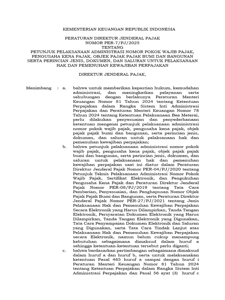 PER 7 PJ 2025 Juklak NPWP, PKP, Objek PBB, Rincian Dokumen, Saluran ...