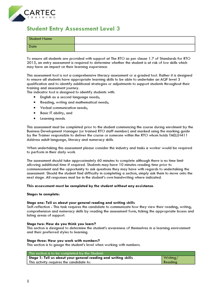 Level 3 Student Entry Assessment Tool | PDF | Literacy | Communication