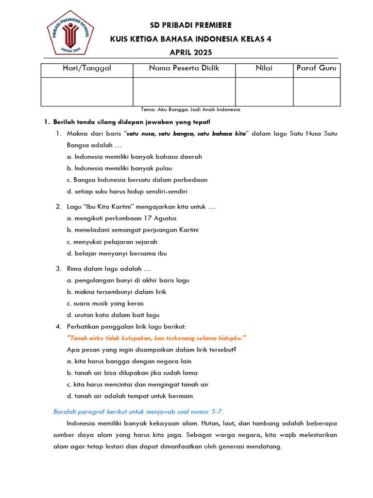 Kuis Bahasa Indonesia Kelas 4 SD 2025 | PDF